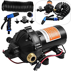 Happybuy RV Water Pump 5.3 GPM 5.5 Gallons Per Minute 12V Water Pump Automatic 70 PSI Diaphragm Pump with 25 Foot Coiled Hose Washdown Pumps for Boats Caravan Rv Marine Yacht