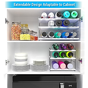 YAN & HIN 15 Bottles Cabinet Organizer Extendable Kitchen Cabinet Organizer with Adjustable Height, 3-Tier Water Bottle Holder, Pantry Pantry Organizers Cup Rack for Cabinet