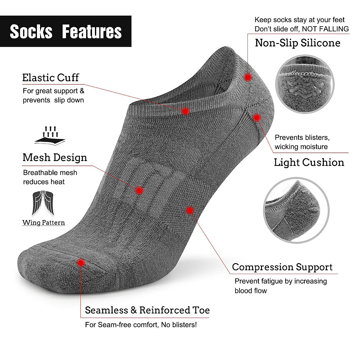 Busy Socks Men's Merino Wool No Show Athletic Running Socks, Women's Mesh Breathable Super Soft Thin Socks for Summer, 6 Pairs, Large, Medium Grey