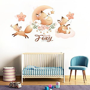 Cute Little Fox with Flower Wall Stickers, Cartoon Animal Wall Stickers, Removable DIY Wall Decor Vinyl Mural Art for Kids Baby Nursery Bedroom Living Room Playroom Decoration