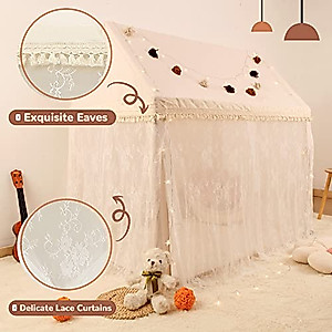 Kids Play Tent Indoor Outdoor, Large Play House Tents for Toddlers 3-12 Years Old, Girls Boys Play Tents with Non-Slip Mat, Tassel Garland and Star Lights, Neutral Color 52" x 35" x 52"