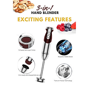Megawise 3-in-1 Hand Blender – 12-Speed, Includes Powerful Blender Stick, Whisk, and Milk Frother – Easy to Clean and Perfect for Smoothies, and More (Red)