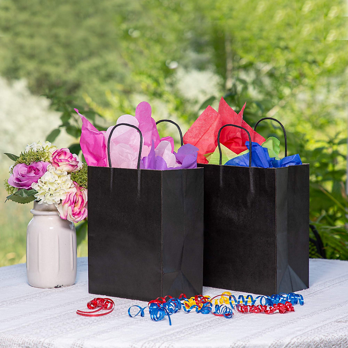 [100 Bags] 6.25x3.5x8. Kraft Paper Gift Bags with Handles Bulks. Ideal for Shopping, Packaging, Retail, Party, Craft, Gifts, Wedding, Recycled, Business, Goody and Merchandise Bag (White)