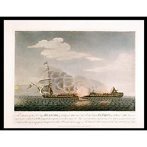 The situation of His Mtys. Ship Blanche, of 32 Guns & 180 Men, & the French Frigate La Pique, of 40 Guns & 400 Men, at a quarter past 5 o'Clock in the Morning, about a quarter of an hour before the Pique surrendered, having been towed in that way near 3 h
