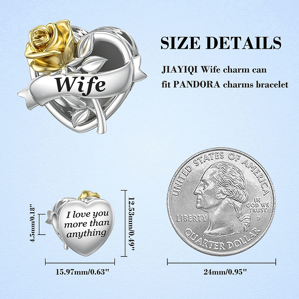 JIAYIQI Valentine's Day present for Wife, Wife Charms Fit Pandora Charm Bracelet Sterling Silver I Love You More Than Anything with 3D Golden Rose Flower Love Charm Birthday Christmas for Women
