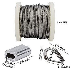 DasMarine Wire Rope Kit with 1/16inch X 328FT Length 7x7 Strand Core Stainless Steel Wire Cable,50pcs Stainless Steel Thimble and 50pcs Aluminum Crimping Sleeves for Indoor and Outdoor,Patio,Garden
