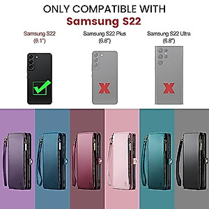 Strapurs Compatible with Samsung Galaxy S22 Wallet Case, for Galaxy S22 Case Wallet with Card Holder【RFID Blocking】 Zipper Wristlet PU Leather Magnetic Flip Folio Cover for Women and Men,Purple