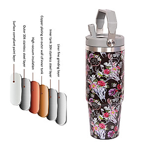 JIU HONG CHAO 30 oz Cow Skull flower Travel Tumbler with Straw Lid, Stainless Steel Floral Travel mug with Handle Insulated Cup West Mother's Day Gifts for Women Mom (Black Bullskull, 30 OZ)