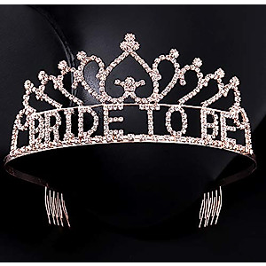 Coucoland Women’s Bride to Be Crown Tiara and Bride to Be Sash Crystal Rhinestone Tiara Headband for Wedding Bridal Shower(Rose Gold)
