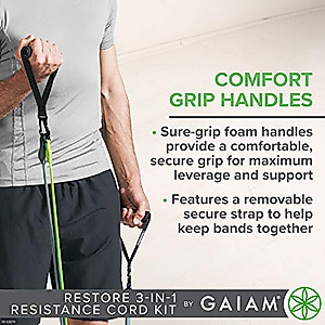 Gaiam Restore 3-in-1 Resistance Band Kit | Exercise Cord with Comfort-Grip Foam Handles & Easy-Adjust Clips for High Intensity Training
