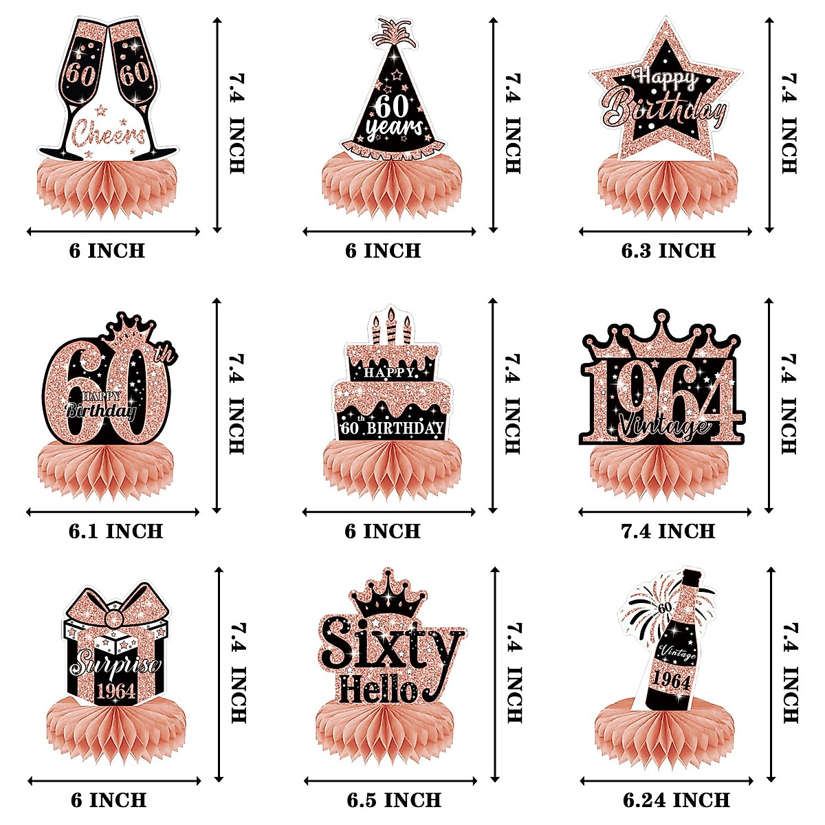 Maoyues 9Pcs 60th Birthday Decorations Honeycomb Centerpieces for Women, Rose Gold Pink Happy 60th Birthday Centerpieces Tables Toppers，Party Supplies，1964 Aged to Perfection Tables Toppers