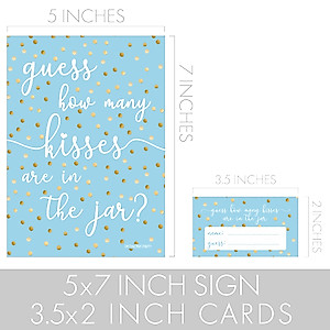 DISTINCTIVS How Many Kisses in the Jar Game - Blue and Gold - Bridal Shower or Wedding (Sign with Cards)
