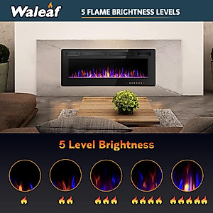 Waleaf 50 inch Ultra-Thin Electric Fireplace Wall Mounted/Recessed，Fireplace Heater with Multicolor Flame，Timer Low Noise 750/1500W，with Remote Control Touch Screen