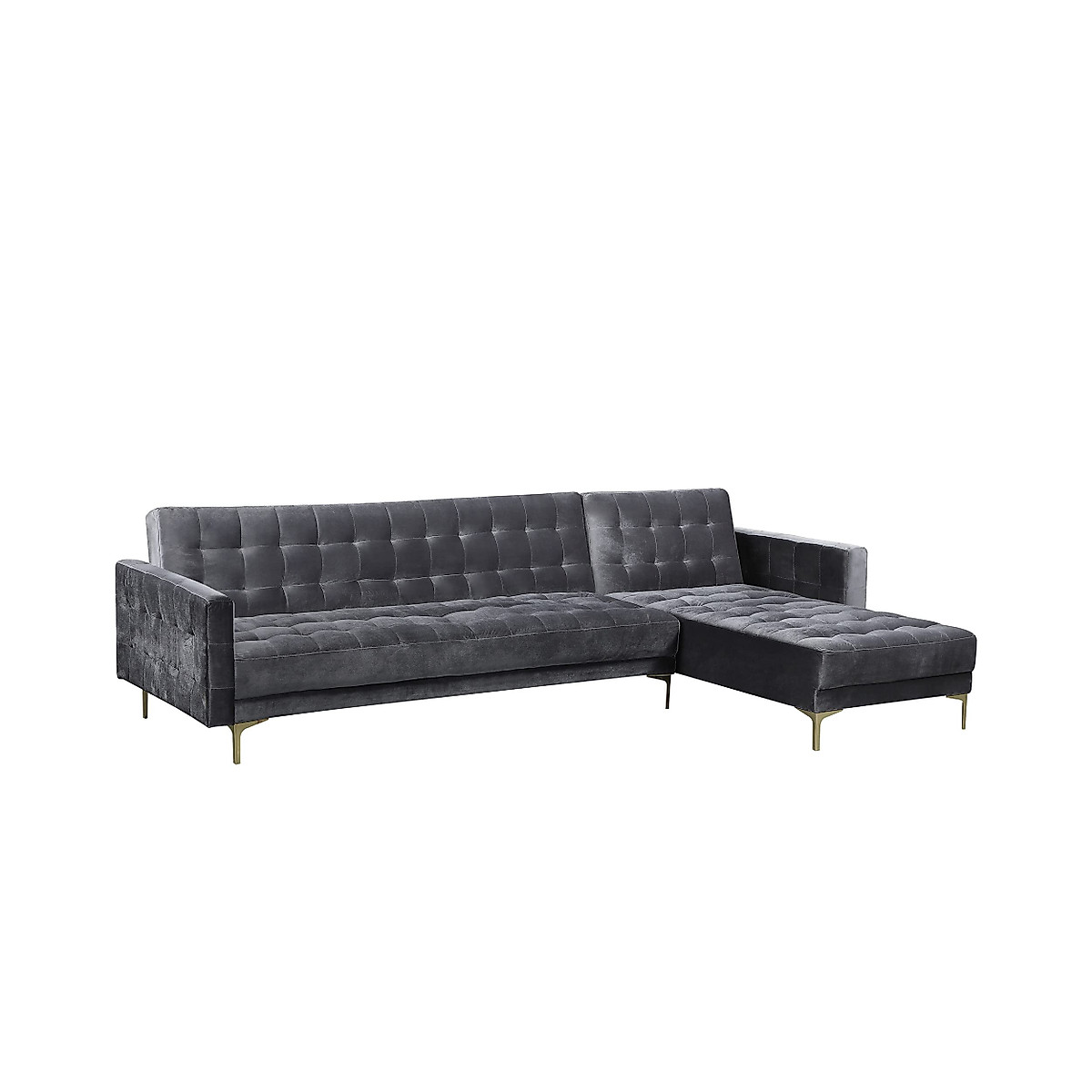 Iconic Home Amandal Convertible Sofa Sleeper Bed L Shape Chaise Tufted Velvet Upholstered Gold Tone Metal Y-Leg Modern Contemporary, Right Facing Sectional, Grey Velvet