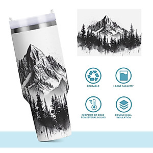 Jihqo Mountain Ink Style 40 oz Stainless Steel Vacuum Insulated Tumbler with Handle and Straw Lid, Leakproof Water Bottle Double Wall Travel Mug Coffee Cup, Cupholder Friendly