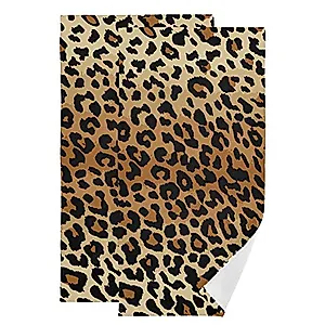 Oreayn Leopard Skin Hand Towel for Bathroom Kitchen Beach Polyester Cotton Set of 2 Leopard Animal Print Fingertip Towel Soft Absorbent 28.3 x 14.4 Inch