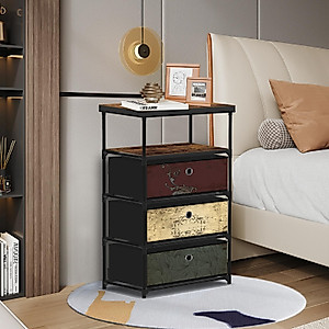 VASICAR Storage Drawer Units, 3 Drawers Nightstand with Shelves, Small Fabric Dresser, Beside Table, Storage Shelf for Bedroom, Living Room, Entryway, Hallway, Nursery, Dorm, Pattern