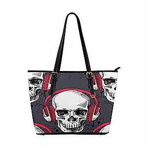 InterestPrint A Skull In Headphones Women's Tote Bag Leather Shoulder Bag Handbags
