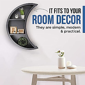 Flueyer Moon Shelves Wall Decor, Moon Shaped Floating Shelves for Essential Oil Display or Crystal Holder, Mounted Moon Wall Decor for Bedroom Living Room Bathroom