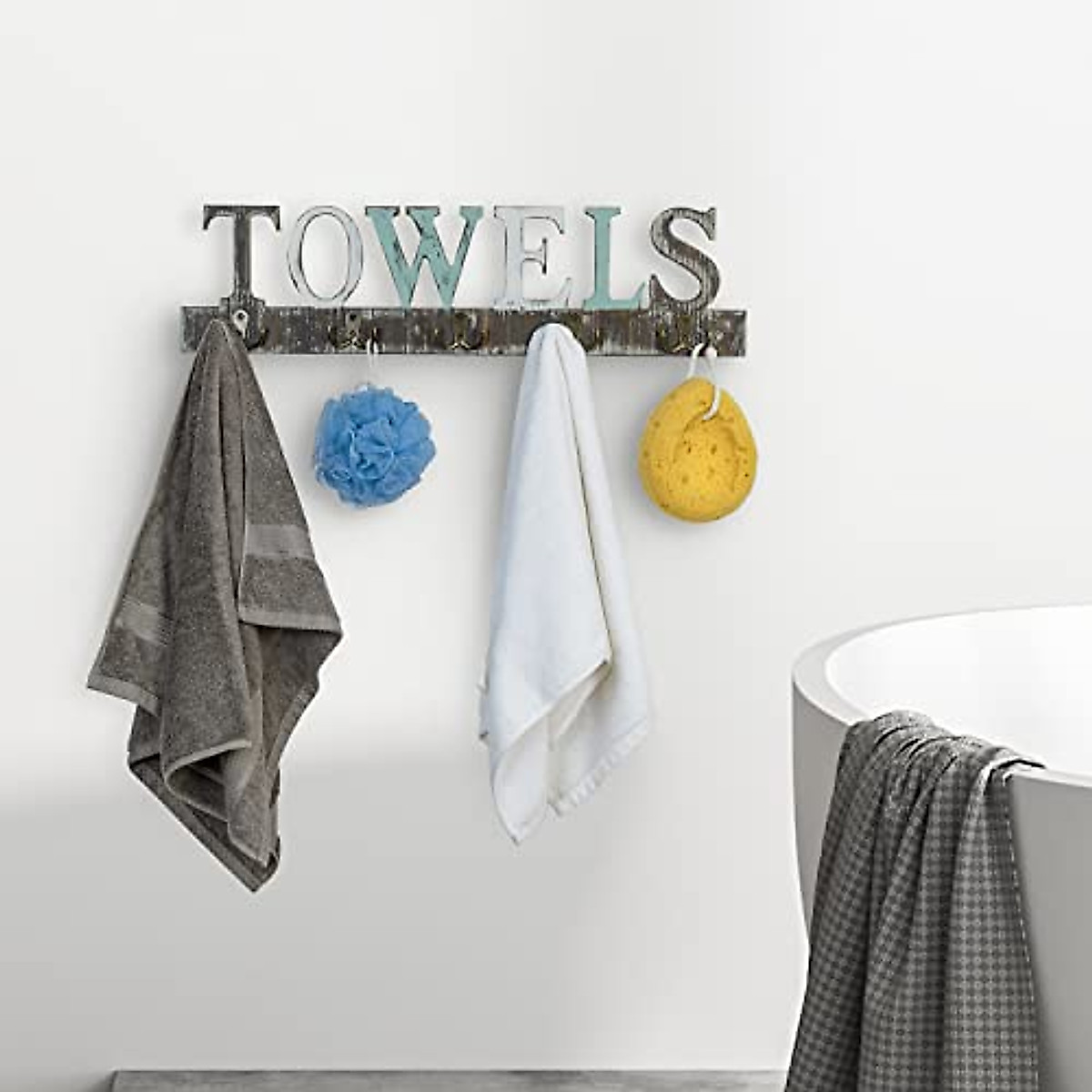 MyGift Wall Mounted Rustic Multicolored Solid Wood Towel Rack with 5 Dual Hooks and Decorative Towel Cutout Design, Wall Hanging Bathroom, Kitchen Laundry Room Hand Towel Hooks