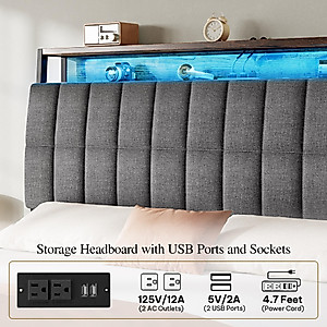 YITAHOME Queen Size Bed Frame with RGB LED Lights and 4 Drawers, Upholstered Platform Bed with Charging Station and Storage Headboard, No Box Spring Needed, Noise-Free, Fast Assembly, Rustic Brown