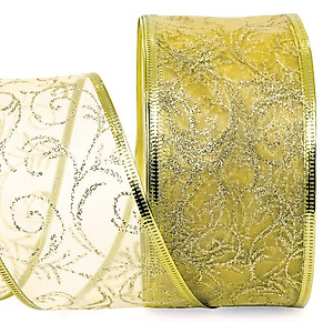 Christmas Ribbon Wired 1.5 Inch Set of 4 Ribbon Wire Red, Green, Gold, Silver/White Sheer Organza Glitter Gift, Xmas Ribbons Decoration, Holiday Craft, Gifts Wrap 40 Yards / 10 Yard Ea. Roll