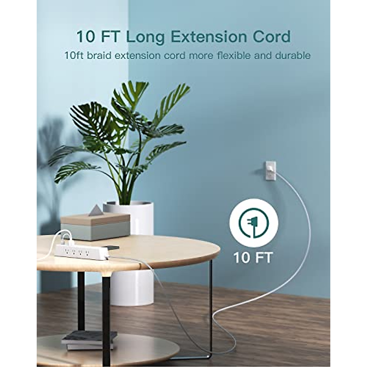 Surge Protector Power Strip - Addtam 10 Ft Long Extension Cord with 12 Outlets(3-Side) and 3 USB Ports, Flat Plug Overload Surge Protection Outlet Strip, Wall Mountable for Home, Office and Dorm