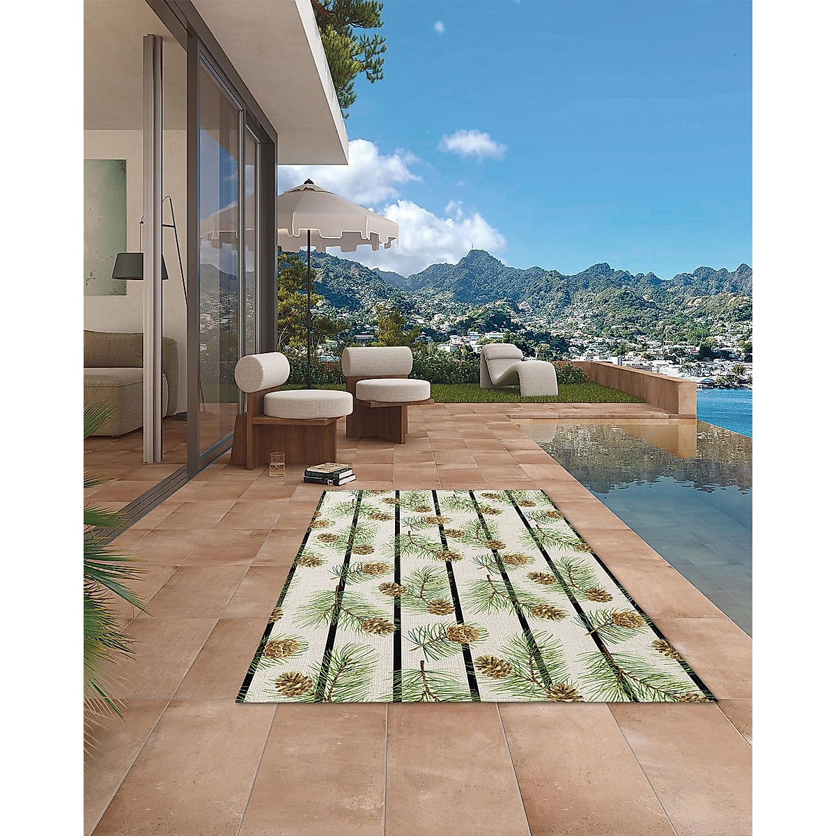 Christmas Outdoor Rugs for 6'x9' Patios Clearance, RV Camping Mat Rug Portable Outside Rug Indoor Outdoor Area Rug Mat for Beach Deck Pool Farmhouse Pine Leaves Cone Stripe