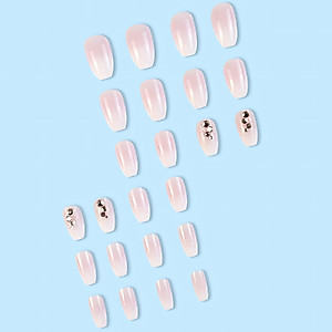 Medium Coffin Nails Press on Glossy Pink White Fake Nails Summer Nail Art Decorations Full Cover Glitter Rhinestone Acrylic Nails Exquisite Design Stick on Nails for Women Girls 24Pcs