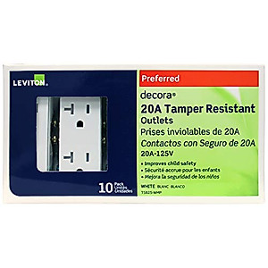 Leviton M02-T5825-Wmp 20a 125v White Decora Tamper Resistant Outlets 10 Count