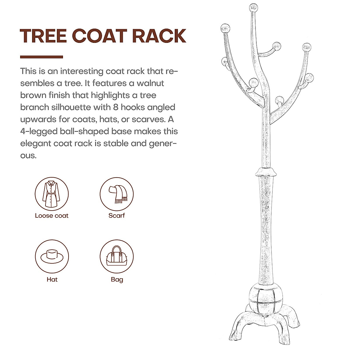 Coat Rack Freestanding Wood Coat Tree Rack with 8 Hooks, Creative Design Tree Branch-look, Standing Coat Rack Clothes Hanger Stand with Stury Base for Entryway, Hallway, Bedroom - Load 160lb (Walnut)