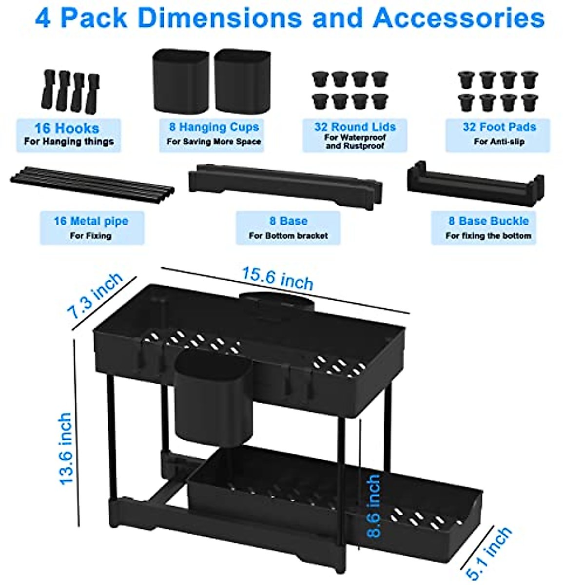 4 Pack 2-Tier Under Sink Organizer with Sliding Storage Drawer, Multi-Purpose Under Sliding Cabinet Shelf Basket Collection Organizer Drawer for Bathroom Kitchen with Hanging 8 Cup and 16 Hooks