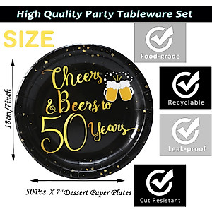 50Pcs 50th Birthday Plates 50th Birthday Party Supplies 7"50th Dessert Plate Cheers to 50 Years Cake Plates for Cheers & Beers Black Gold Theme 50th Birthday Anniversary Whiskey Party Decoration(50th)