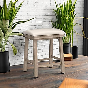 Erste!Bravo White Solid Wood Bar Stools Set of 2 for Kitchen Counter Counter Height Coastal Barstools with Faux Leather Farmhouse Upholstered Stools for 34"-38" Island, Creamy White Cushion, Wood Legs