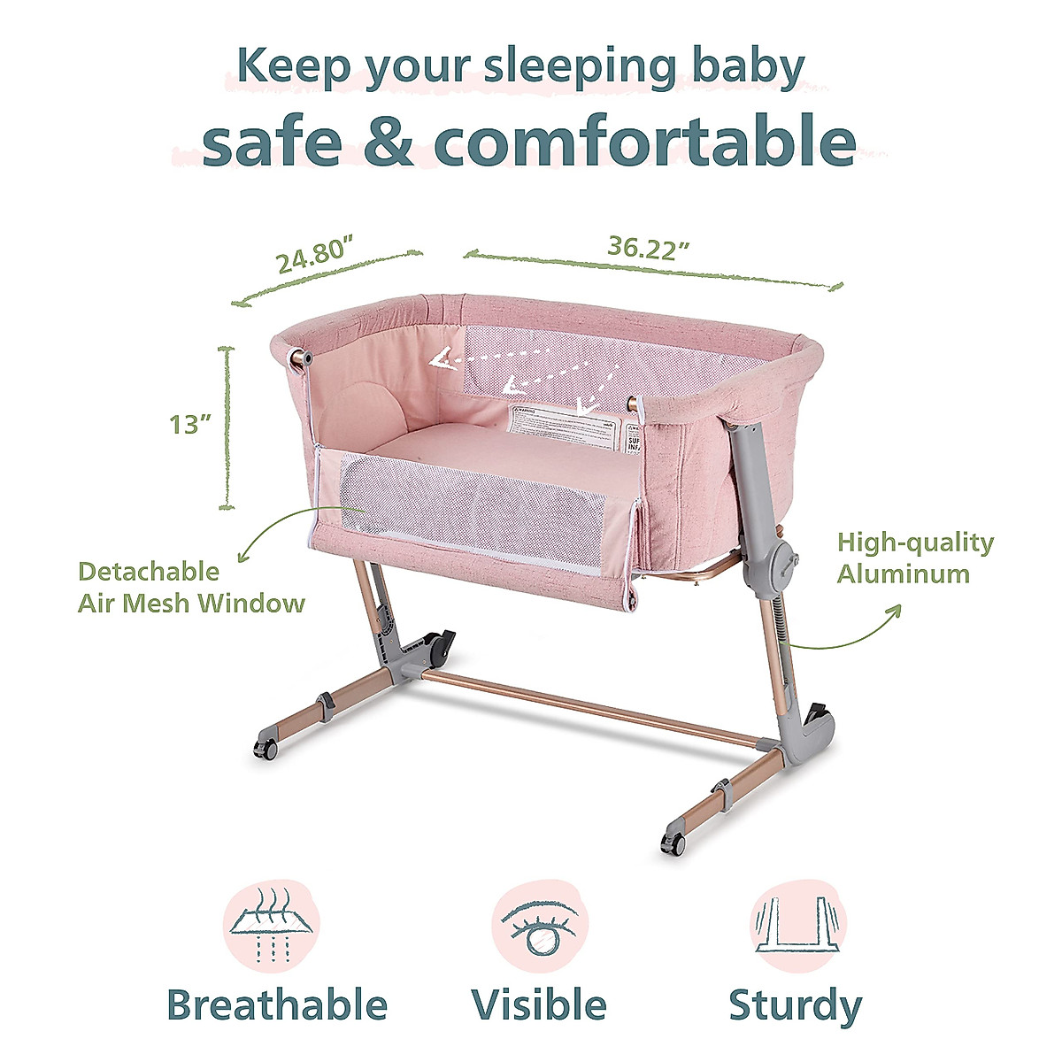 Unilove Hug Me Plus 3-in-1 Bedside Sleeper & Portable Bassinet for Newborn, Plum Pink