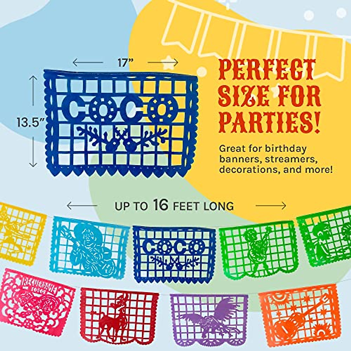 TexMex Fun Stuff 16 Ft Coco Movie Papel Picado Plastic (10 Extra Large Panels) Fiesta Party Decorations, Mexican Party Banners, Plastic Day of The Dead Banner, Cinco de Mayo Decorations Coco Theme