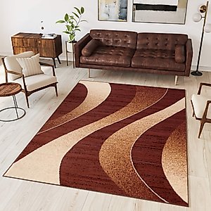 TAPISO Argos Area Rug 5x8 ft - Soft, Non-Shedding, Modern Waves, Durable Carpet for Living Room, Bedroom, Brown Beige 150x240 cm