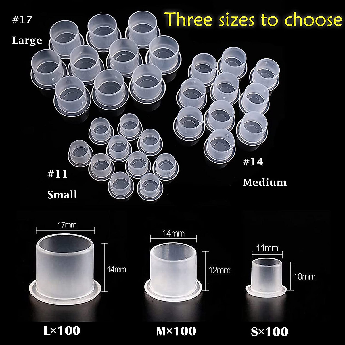 Yuelong 300pcs Ink Caps with Base Tattoo Ink Cups White Mixed #11 Small #14 Medium #17 Large Pigment Caps for Tattoo Permanent Makeup Container Cap Tattoo Accessory Tattoo Supplies Tattoo Kits