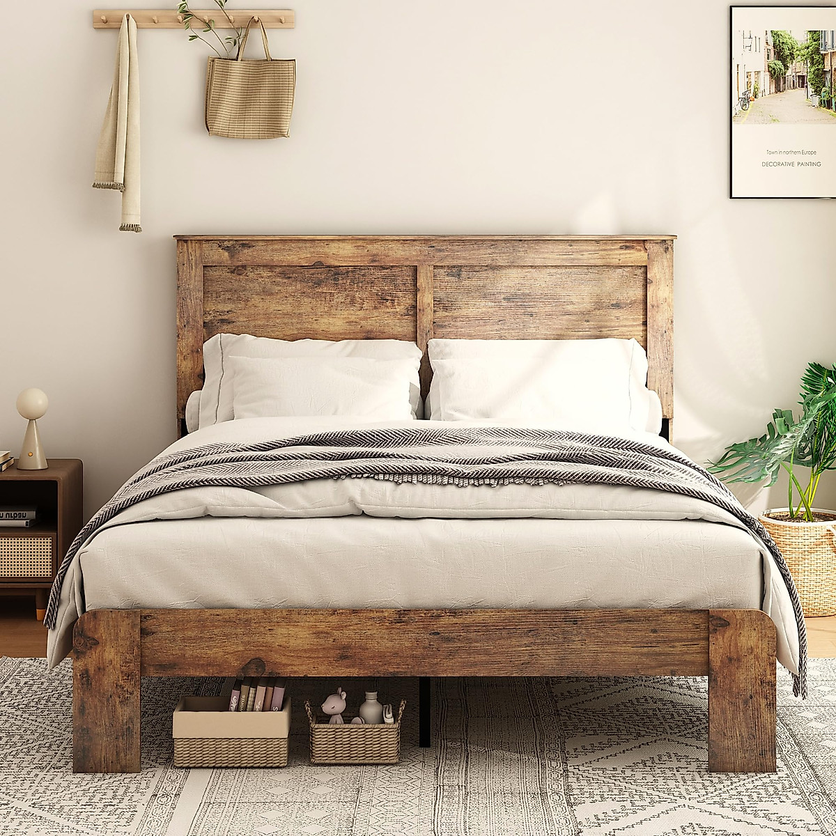 DWOYFO Wood Platform Bed Frame, Queen Size Bed Frame with Headboard and Wood Slat Support, Easy Assembly, No Box Spring Neede, Dark Brown