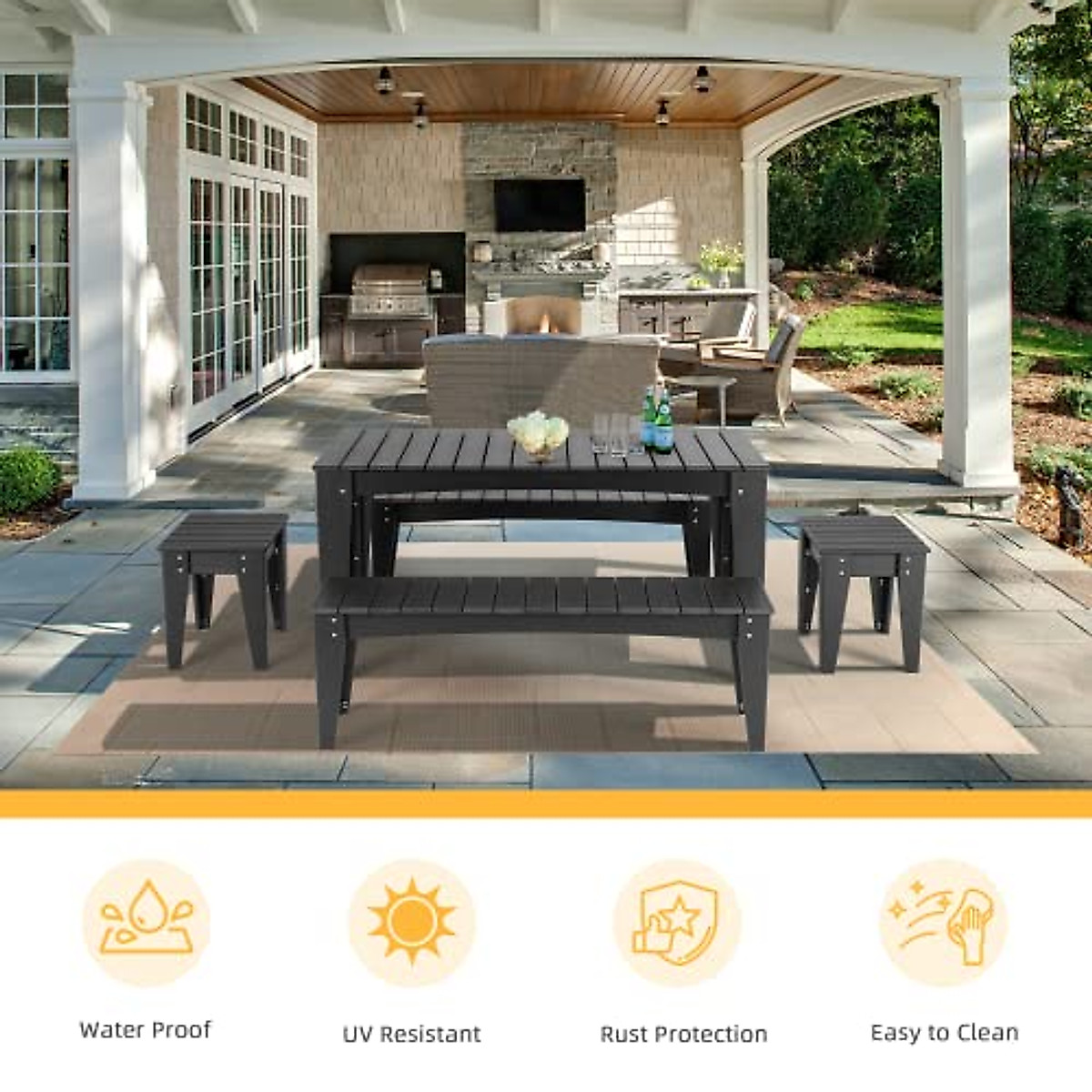 Erinnyees HDPE 5 Piece Patio Dining Set, Outdoor Table Bench Furniture Set with 1 Rectangle Dining Table, 2 Double Benches, and 2 Single Stools, for Backyard, Porch, Lawn, and Garden