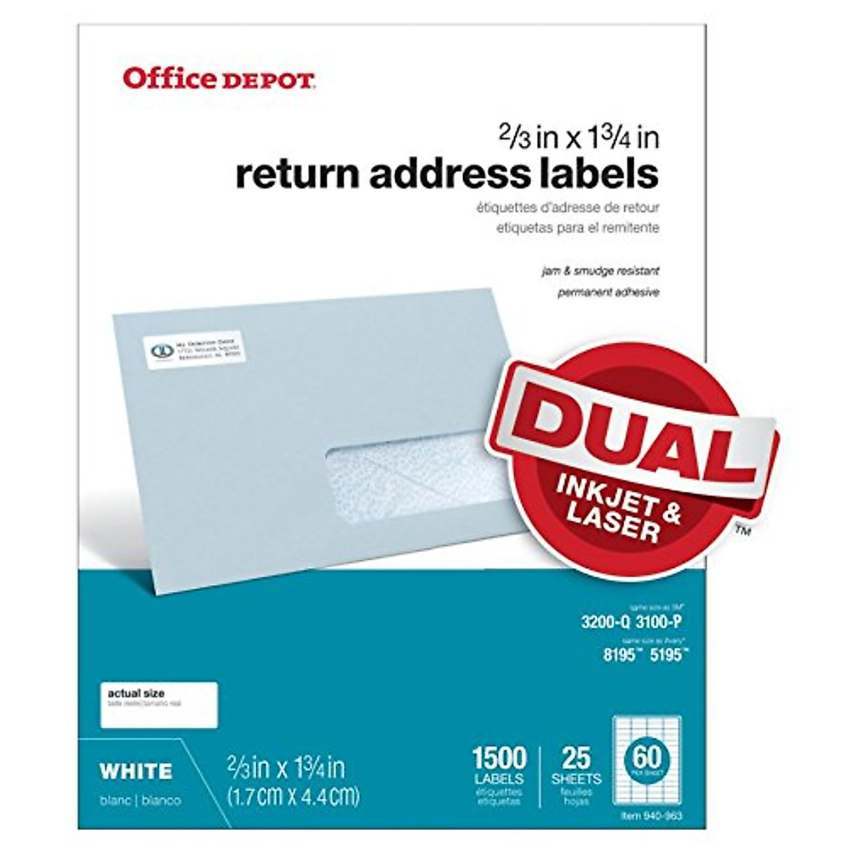 Office Depot White Inkjet/Laser Return Address Labels, 2/3in. x 1 3/4in., Pack of 1,500, 505-O004-0015