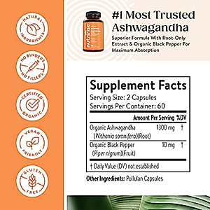 NutriRise Organic Ashwagandha Root Capsules with Black Pepper, 1300mg, Natural Stress & Mood, Thyroid, and Immune Support Supplement, Nootropic for Focus & Energy, Gluten Free, 120 Count