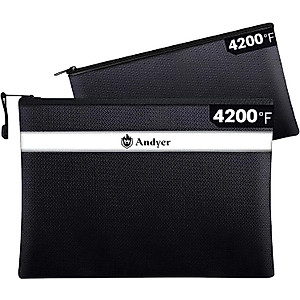 Andyer Fireproof Document Bag with Money Bag - 2 Pack 13.4”x10” and 11"x6" Waterproof & Fireproof Bags - Fireproof Safe Storage Pouch with Zipper for A4 Documents, Money, Cash, Passport and Tablet