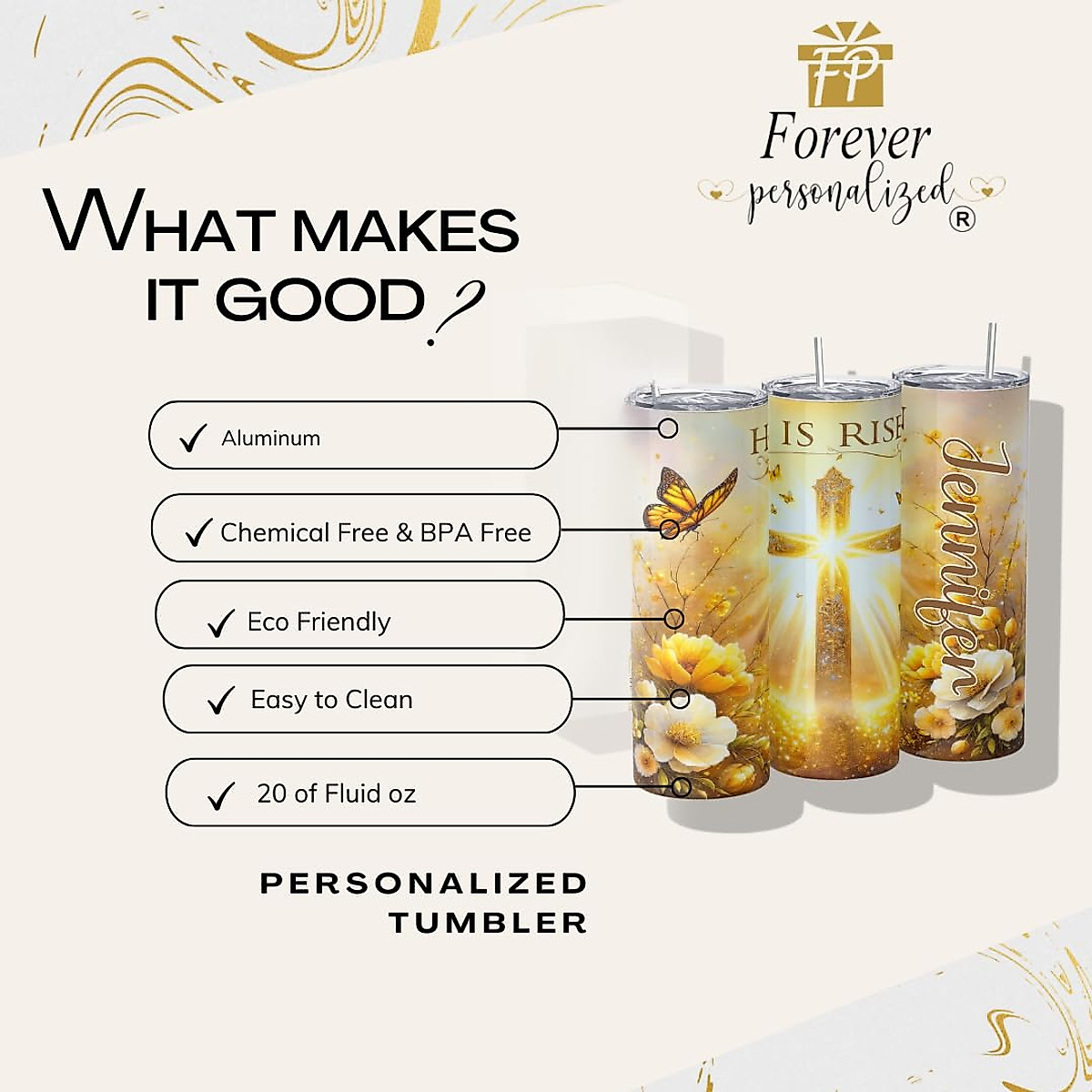 Custom He is Risen Easter Tumbler | Personalized Do8uble Wall Insulated Travel Mug | Spring Design with Name (He is Risen)