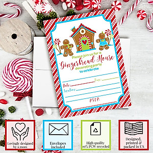 Amanda Creation Christmas Invitations with Envelopes – Gingerbread House Decorating, 20 Pack 5x7 Double Sided Fill-In Invite Cards with Twenty White Envelopes Perfect for Christmas Birthday Parties