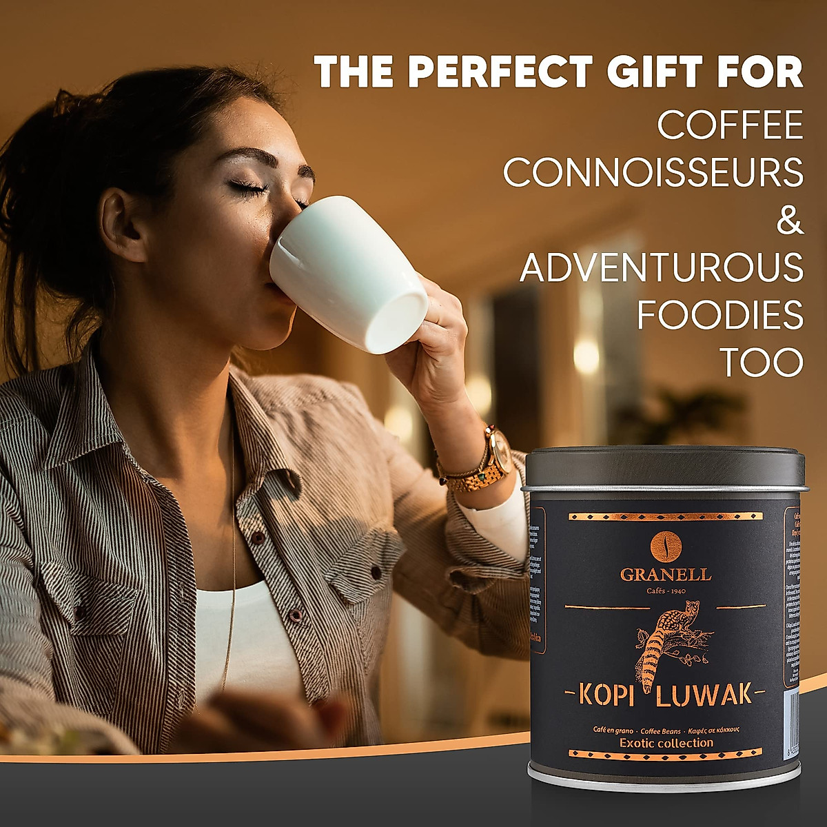 Cafés Granell Wild Civet Arabica Coffee Beans, Medium Roast Gourmet Indonesian Luwak Coffee Gifts, 100g