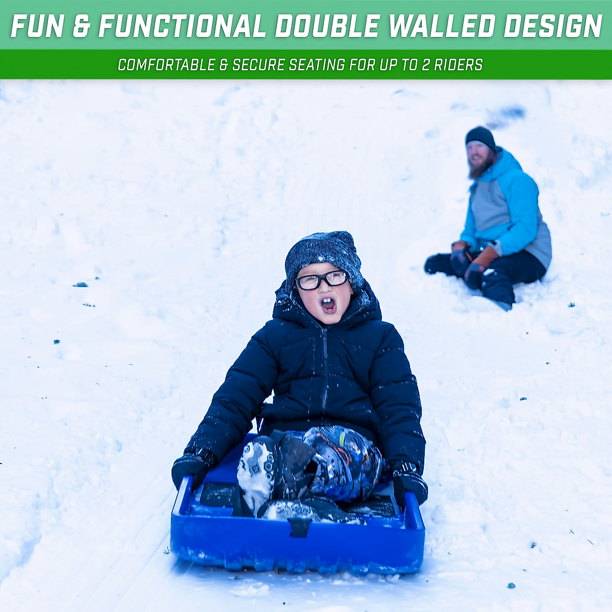 GoSports 2 Person Premium Snow Sled with Double Walled Construction, Pull Strap and Padded Seat - Choose Between Red and Blue