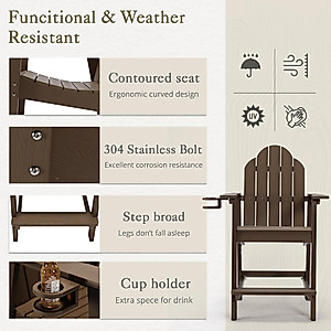 LUE BONA Tall Adirondack Chairs Set of 2, Recycled Poly Adirondack Chair Bar stools with Cup Holder, 25.6", 300Lbs, Eco-Friendly, Weather Resistant Lifeguard Chair for Balcony,Deck