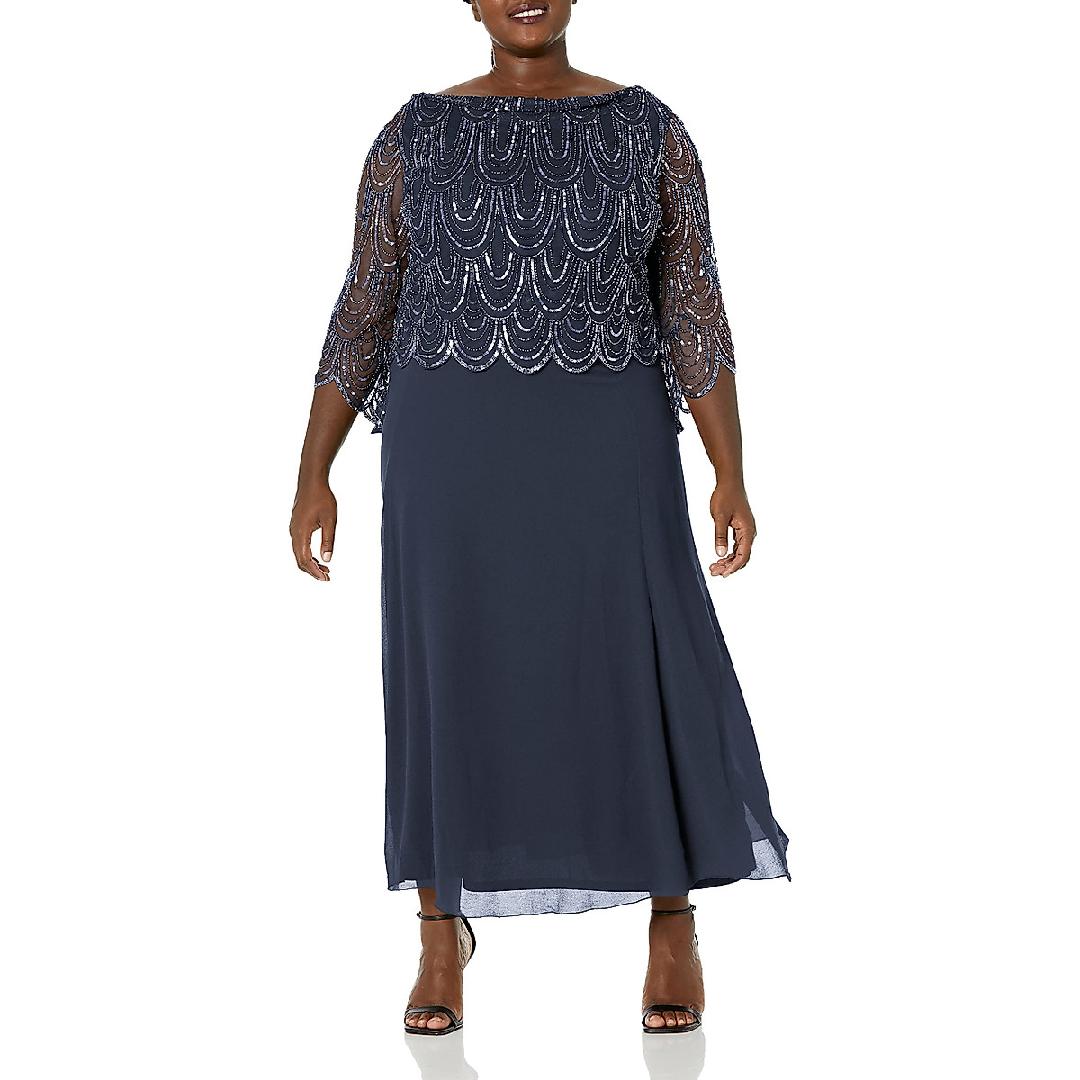 J Kara Women's Plus Size 3/4 Scallop Beaded Pop Over Gown, Navy/Mercury, 24W