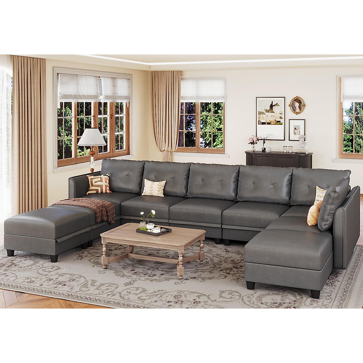 LLappuil Modular Sectional Sofa with Reversible Chaise, U Shaped Couch with Storage, Modern Faux Leather Fabric Sofa with Ottoman, Oversized Sectionals for Living Room, 9 Seat, Dark Grey
